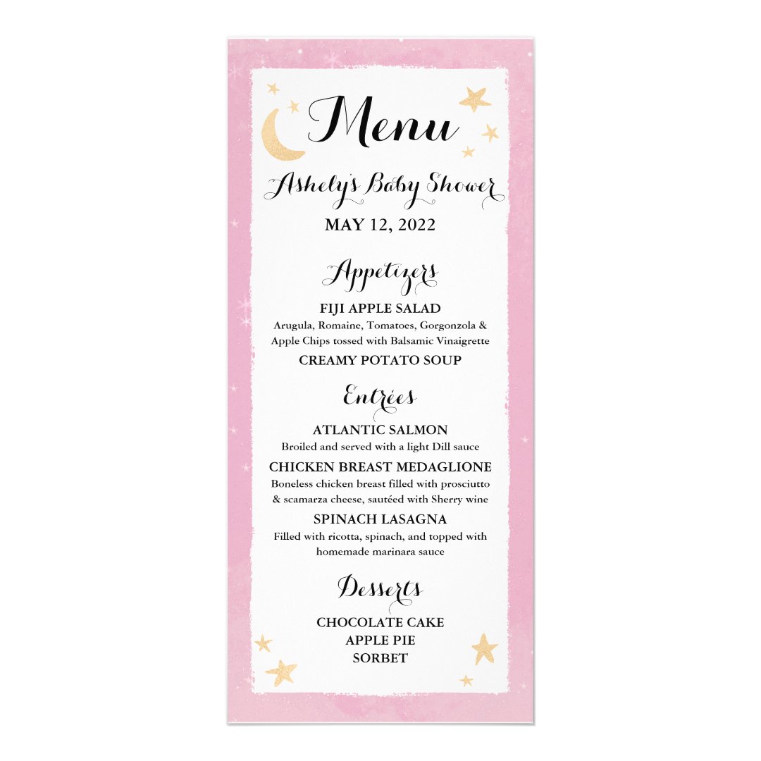 Twinkle Twinkle Little Star Pink Menu Card | Zazzle