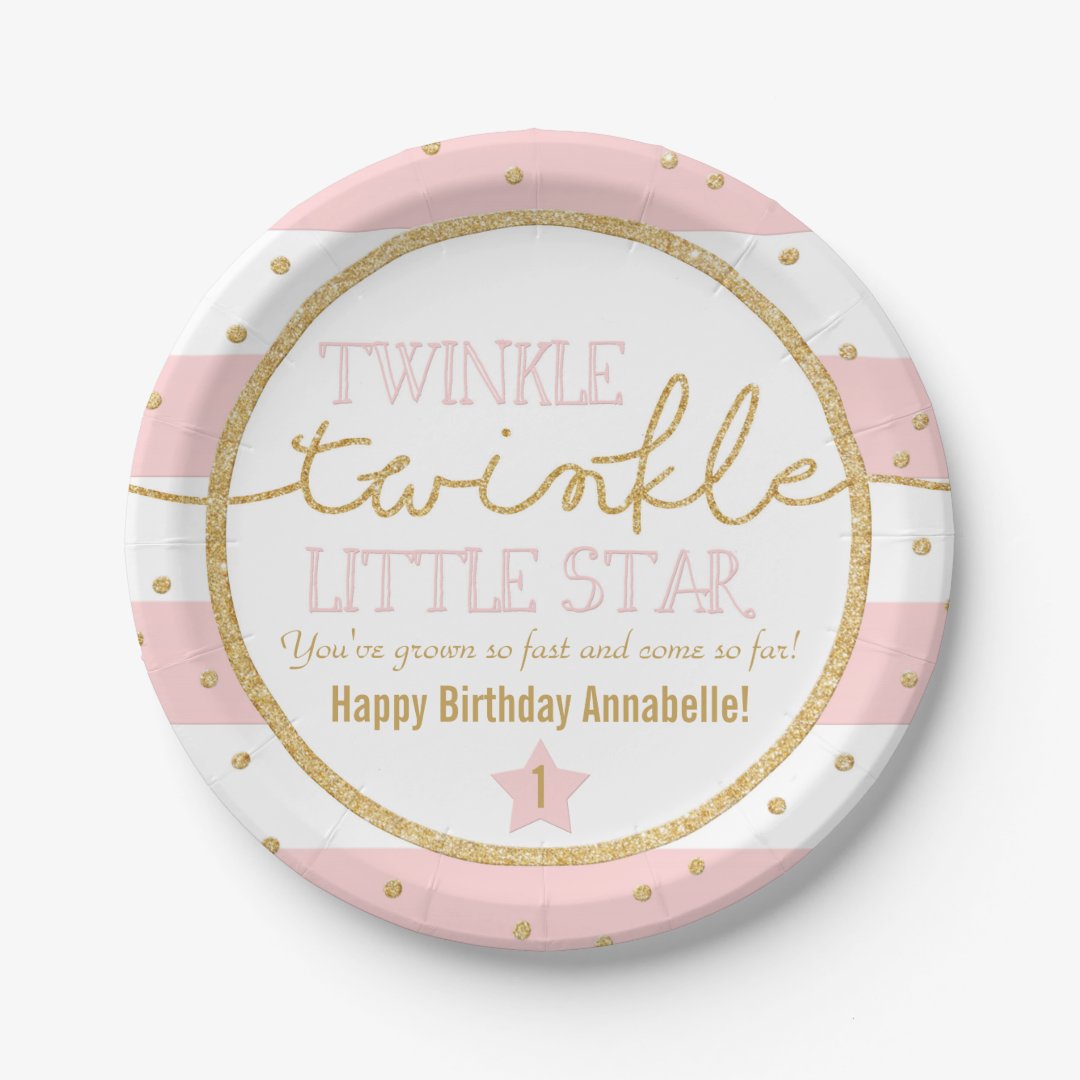 Twinkle Twinkle Pink and Gold Birthday Plates | Zazzle