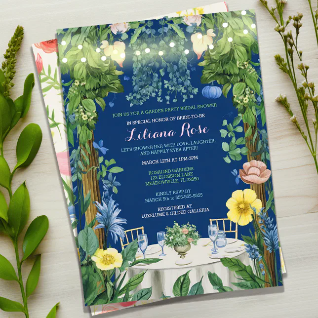 Twinkling Lights Blue Floral Garden Bridal Shower Invitation | Zazzle