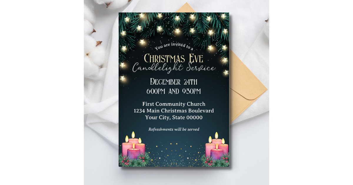 Twinkling Lights Christmas Eve Candlelight Service Invitation | Zazzle