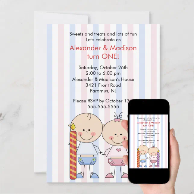 Twins 1st Birthday Invitation Girl & Boy | Zazzle