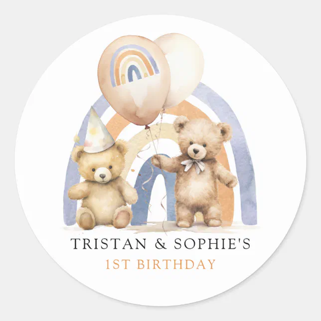Twins 1st Birthday Watercolor Teddy Bears Classic Round Sticker | Zazzle