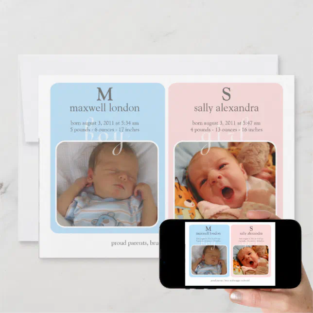 Twins Baby Announcment - Monogram Announcement | Zazzle