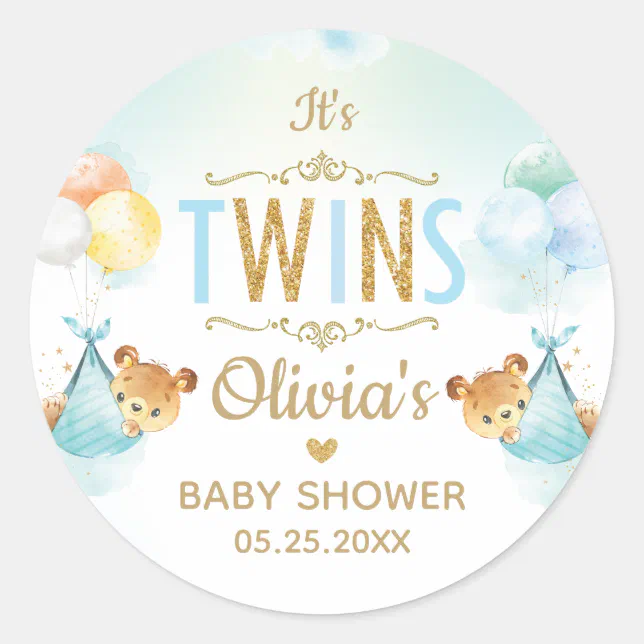 Twins Baby Boys Cute Bears Balloons Baby Shower Classic Round Sticker ...
