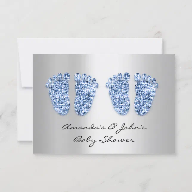 Twins Baby Shower Feet Glitter Blue Boys Gray Invitation | Zazzle