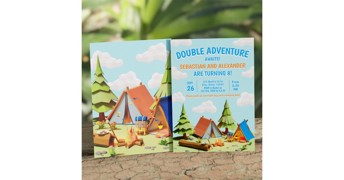 Twins Camping Double Adventure Awaits Birthday Invitation | Zazzle