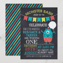 Twins Chalkboard Monster 1st Birthday Invitation | Zazzle