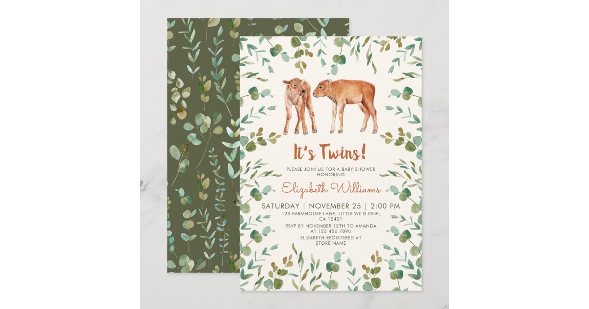 Twins Cute Baby Bison Baby Shower Invitation | Zazzle