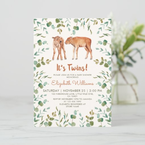 Twins Cute Baby Bison Baby Shower Invitation | Zazzle