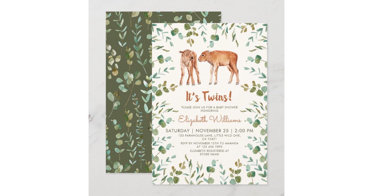Twins Cute Baby Bison Baby Shower Invitation | Zazzle