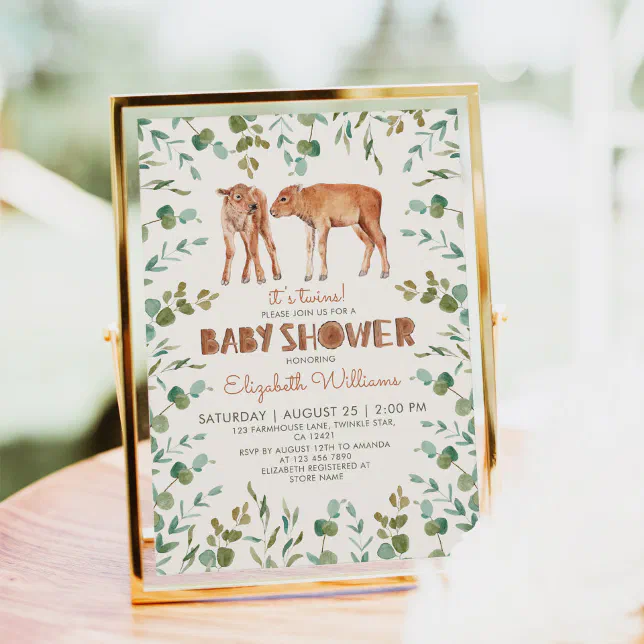 Twins Cute Baby Bison Boy Baby Shower Invitation | Zazzle