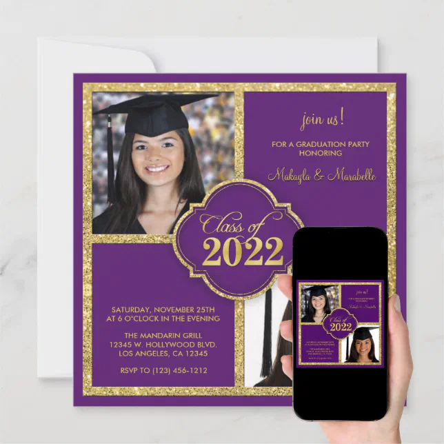 Twins Elegant Black & Purple Glitter Class of 2022 Invitation | Zazzle