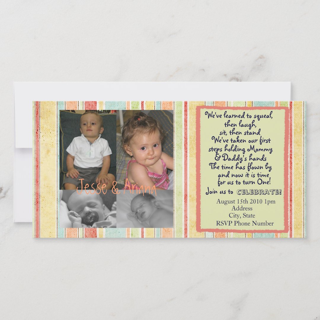 Twins First Birthday Invitation Photocard | Zazzle