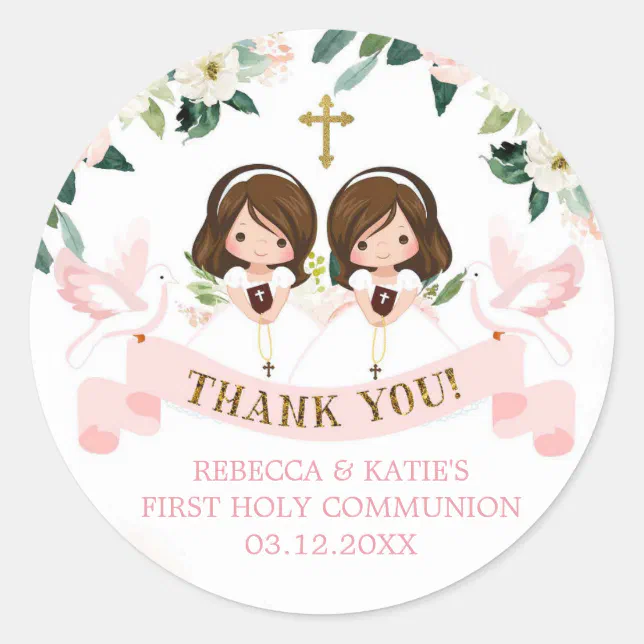 Twins Girl Floral Pink First Communion Classic Round Sticker | Zazzle