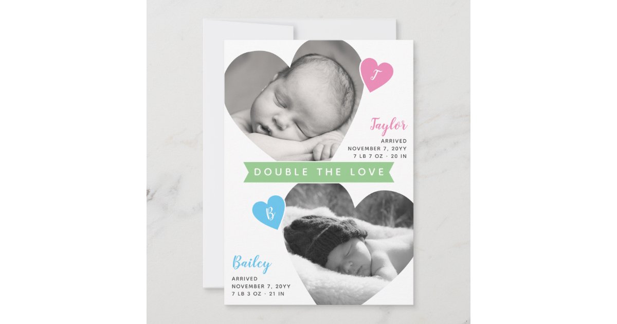 Twins Heart Frames Photo Collage Girl Boy Birth Announcement | Zazzle