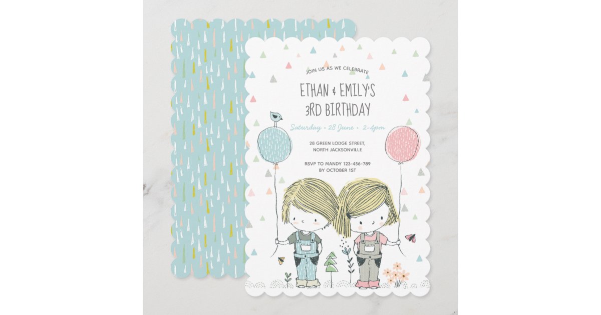 Twins Kids Birthday Invitation whimsical | Zazzle