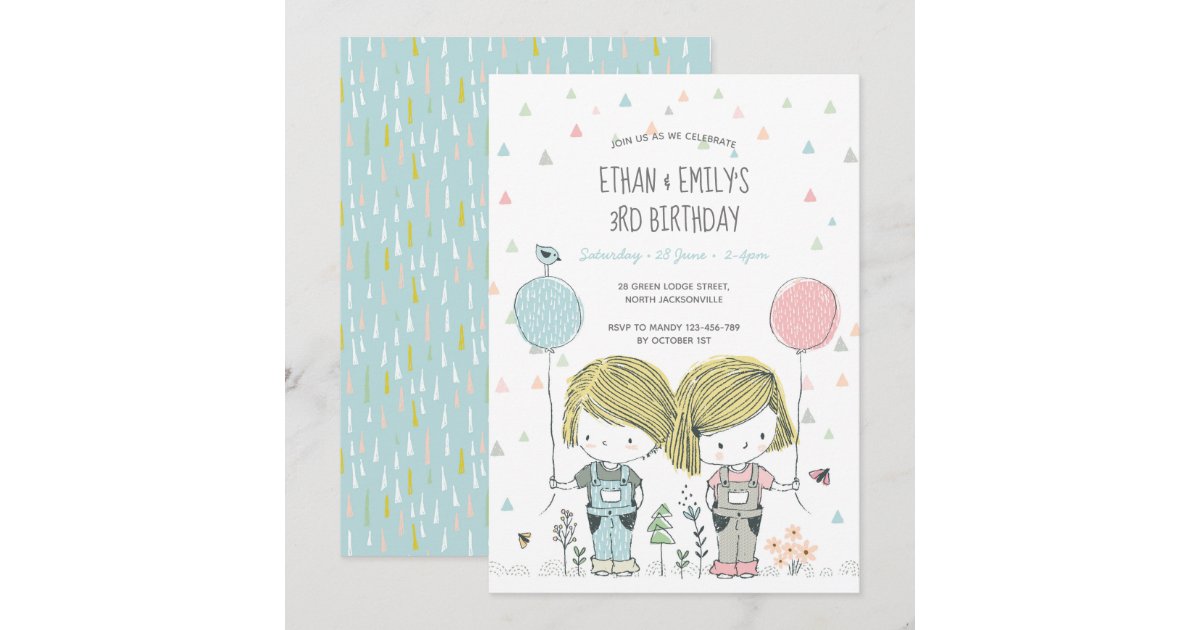 Twins Kids Birthday Invitation whimsical | Zazzle