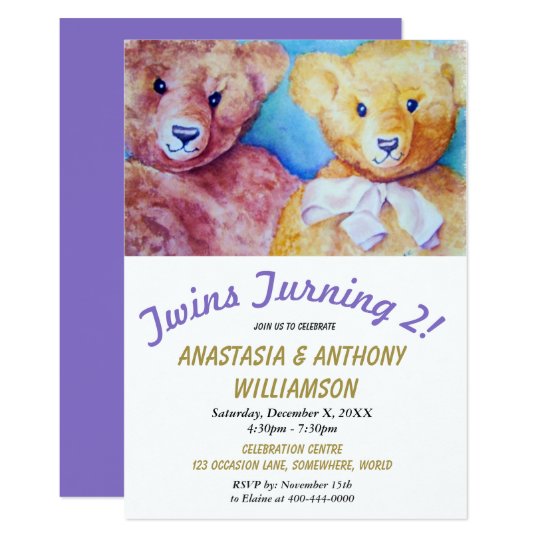 TWINS TURNING 2 with TEDDY BEARS PARTY INVITATION | Zazzle.com