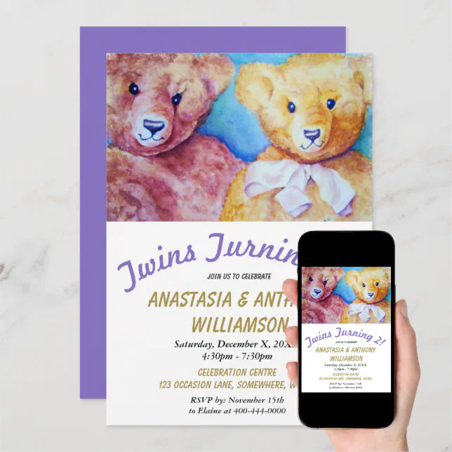 TWINS TURNING 2 with TEDDY BEARS PARTY INVITATION | Zazzle