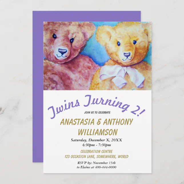TWINS TURNING 2 with TEDDY BEARS PARTY INVITATION | Zazzle