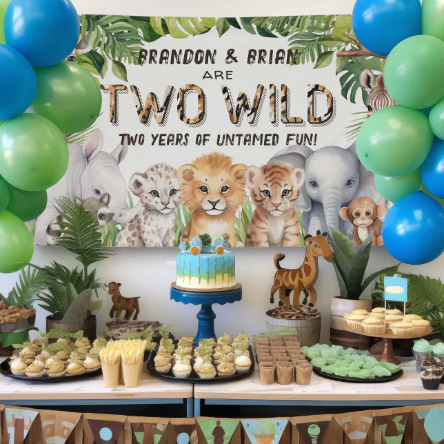 Twins Two wild Jungle Animal 2nd birthday Backdrop Banner | Zazzle