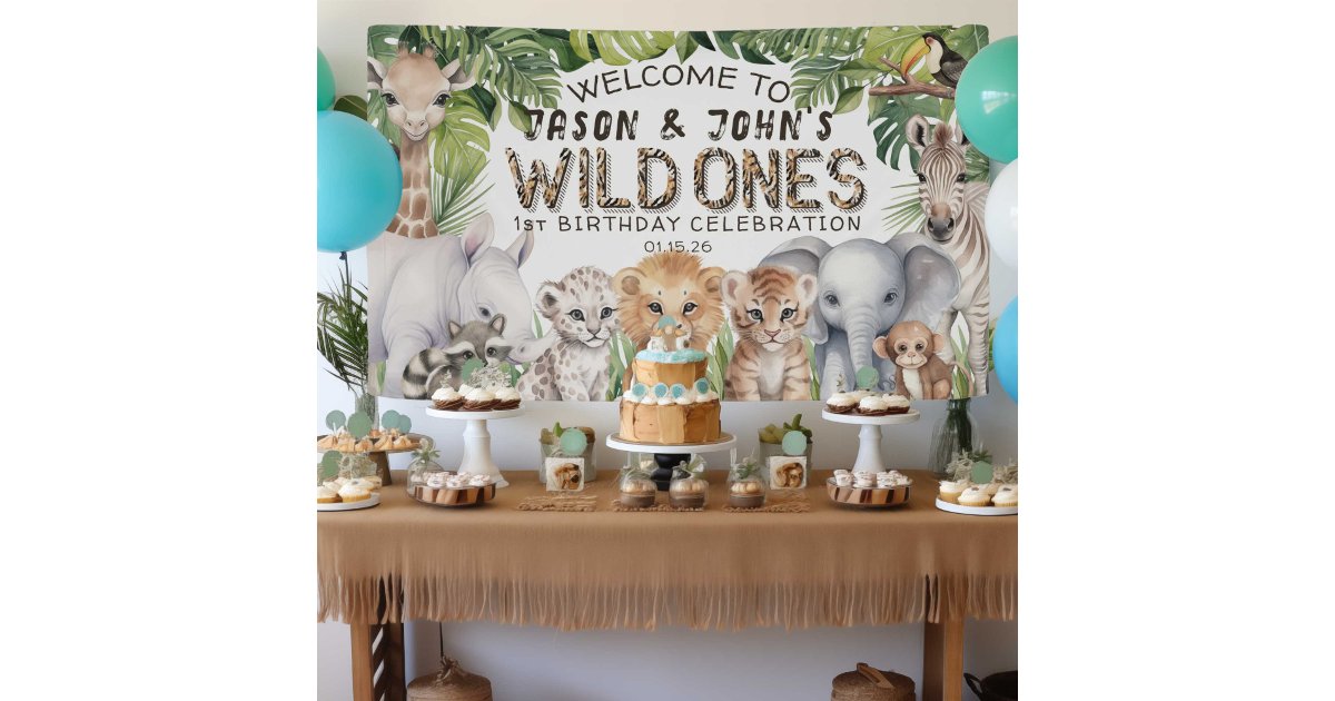 Twins Wild Ones 1st Birthday Safari Themed Welcome Banner | Zazzle