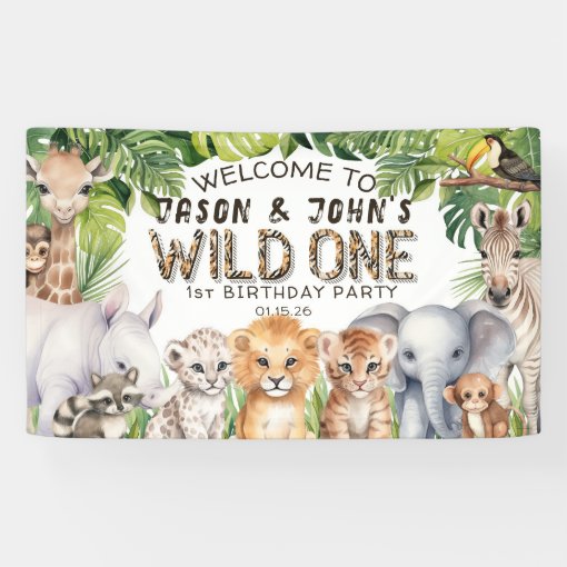 Twins Wild Ones 1st Birthday Safari Themed Welcome Banner | Zazzle