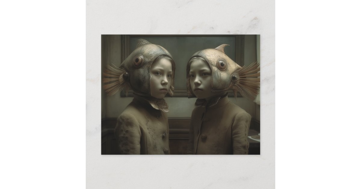 Twins With Fish on Heads Horror AI Art Postcard | Zazzle