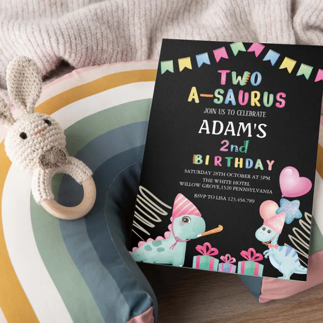 Two-a-Saurus 2nd Birthday Black Party Dinosaur Invitation | Zazzle