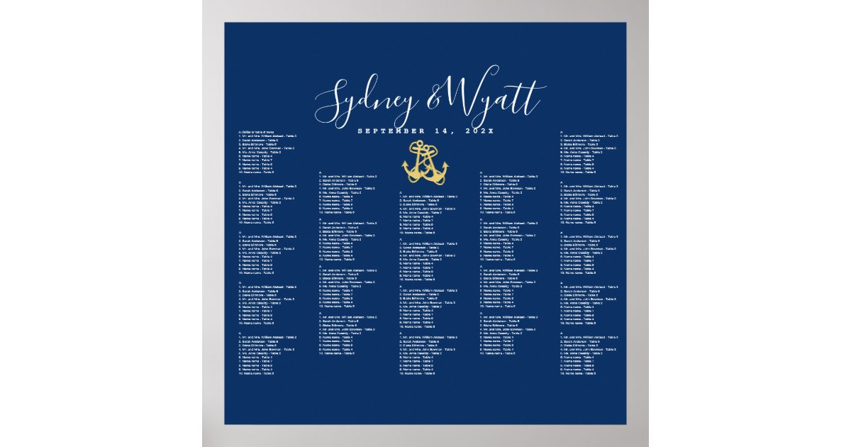 Two Anchors Nautical Navy Seating Chart Poster | Zazzle