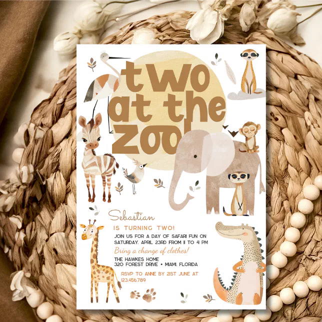 Two at the zoo safari animals kids birthday party invitation | Zazzle