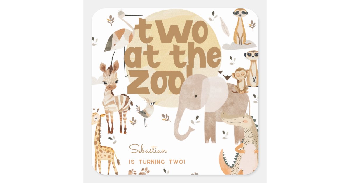 Two at the zoo safari animals kids birthday square sticker | Zazzle