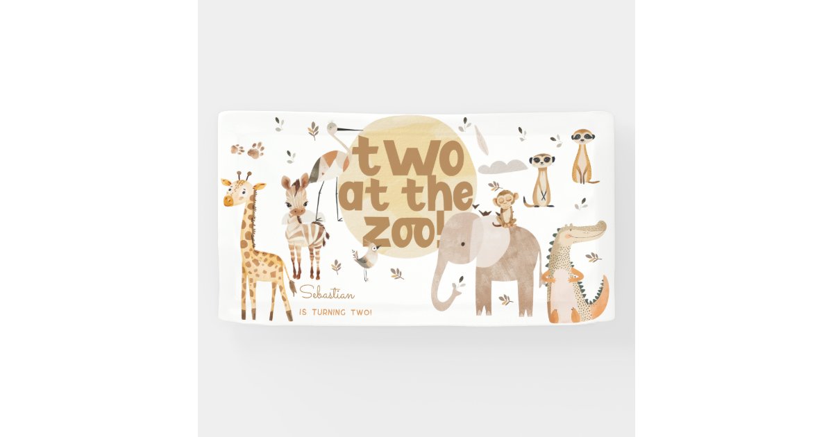 Two at the zoo safari animals second kids birthday banner | Zazzle