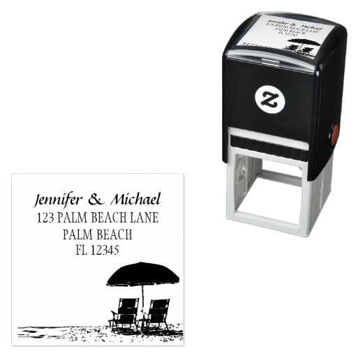 Two Beach chairs, ocean parasol beach wedding Self-inking Stamp | Zazzle