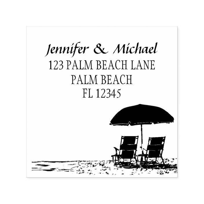 Two Beach chairs, ocean parasol beach wedding Self-inking Stamp ...