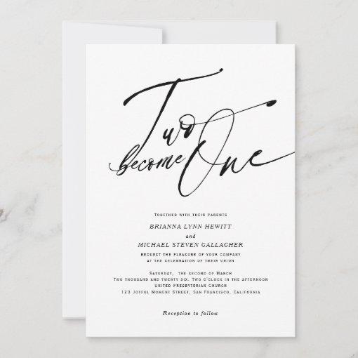 Two become One Modern Calligraphy black and white Invitation | Zazzle