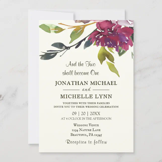Two Become One Purple Floral Christian Wedding Invitation | Zazzle