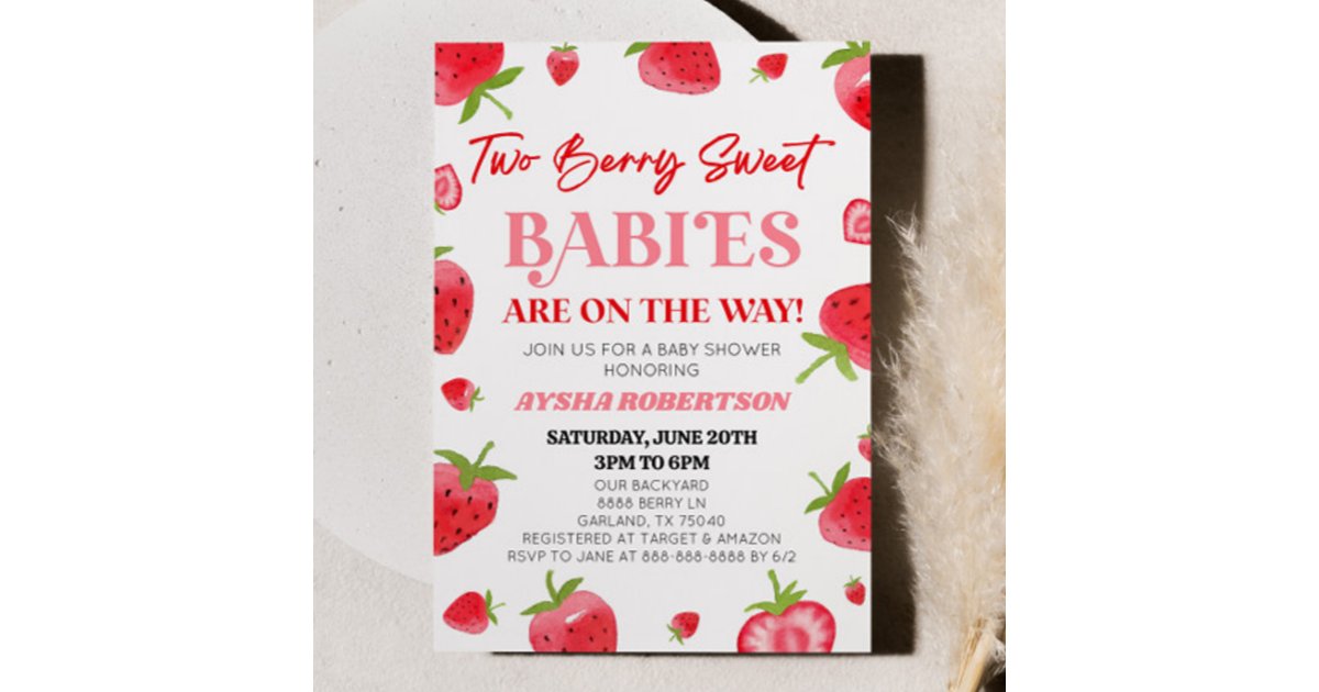 Two Berry Sweet Babies Strawberry Twin Baby Shower Invitation | Zazzle