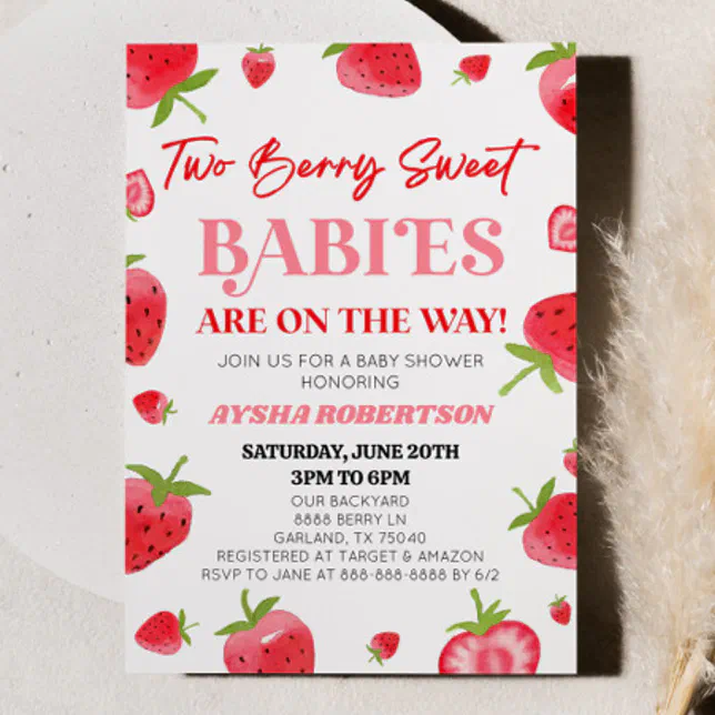 Two Berry Sweet Babies Strawberry Twin Baby Shower Invitation | Zazzle