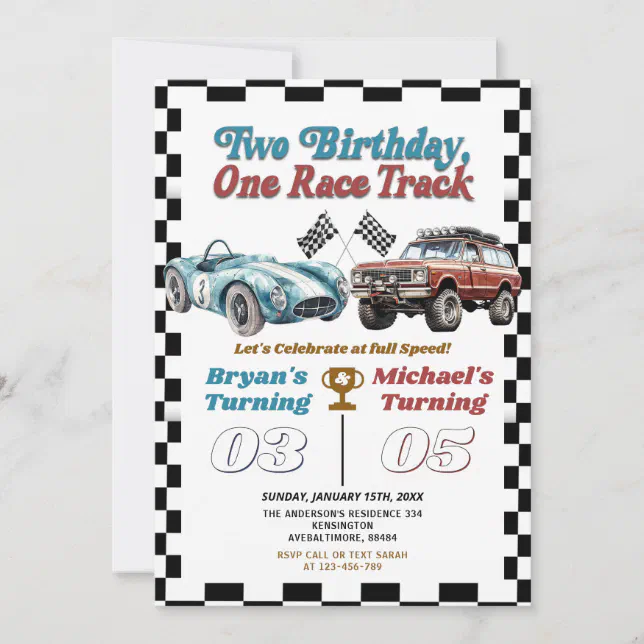 Two Birthday One Race Track Double Cars Birthday Invitation | Zazzle