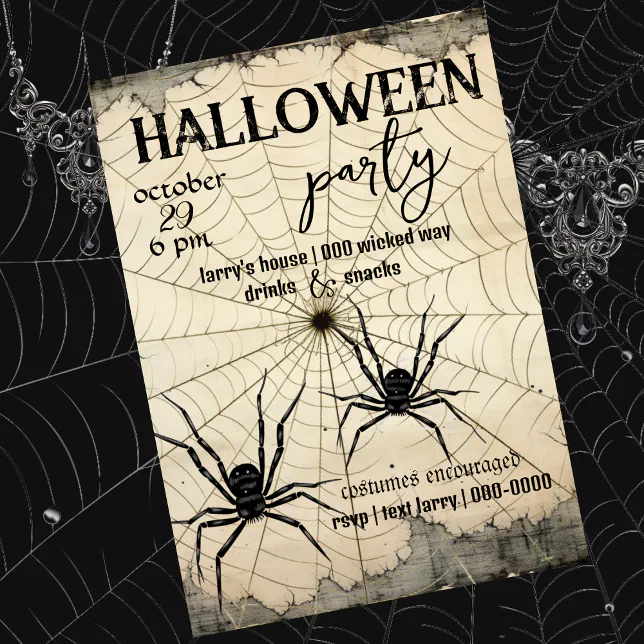 Two Black Spiders on Spider Web | Antiqued Invitation | Zazzle