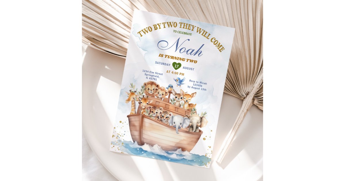 Two By Two Noah's Ark Animal Safari 2nd Birthday Invitation | Zazzle