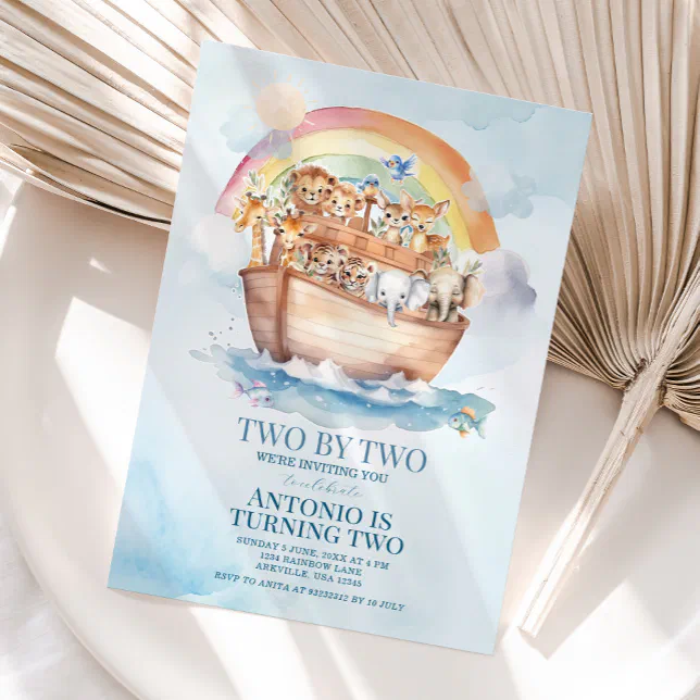 Two By Two Noah's Ark Blue Watercolor 2nd Birthday Invitation | Zazzle