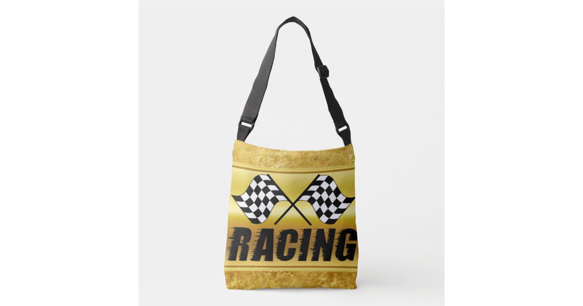 Two checkered racing flags for the competition win crossbody bag | Zazzle