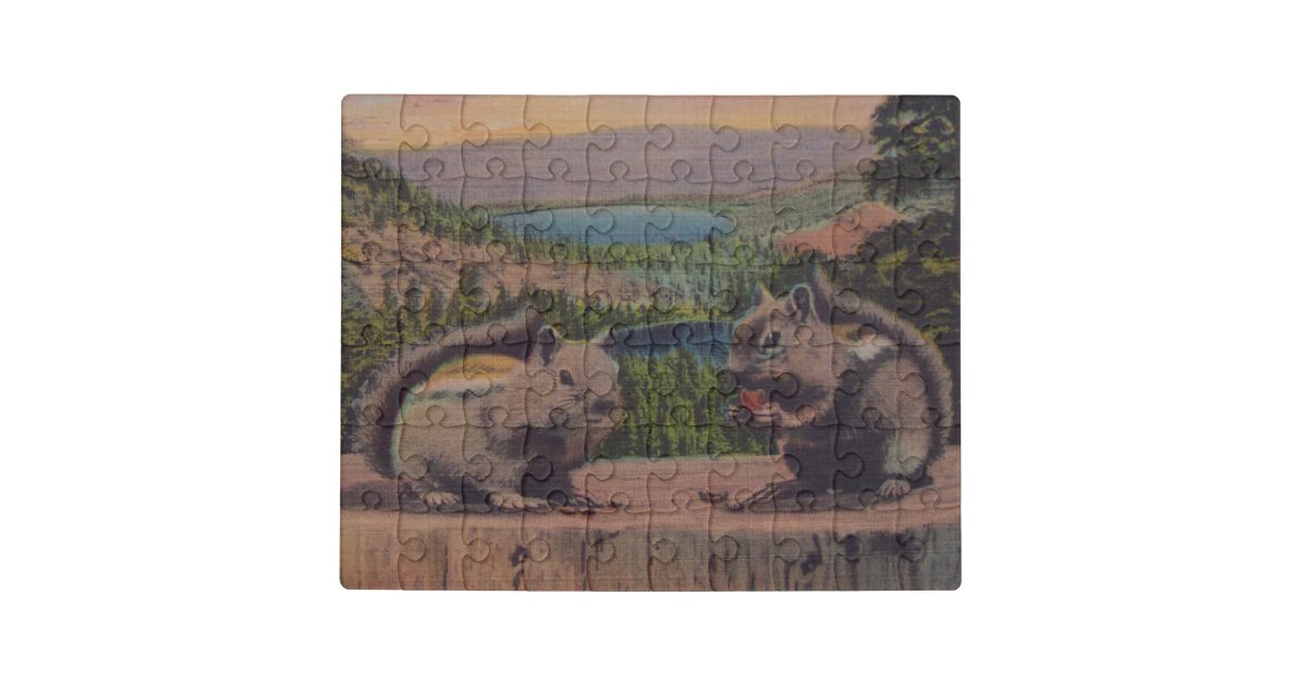Two Chipmunks Sitting on Stump Nuts Mountains Jigsaw Puzzle | Zazzle