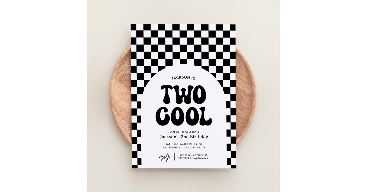 Two Cool Black and White Checker 2nd Birthday Invitation | Zazzle