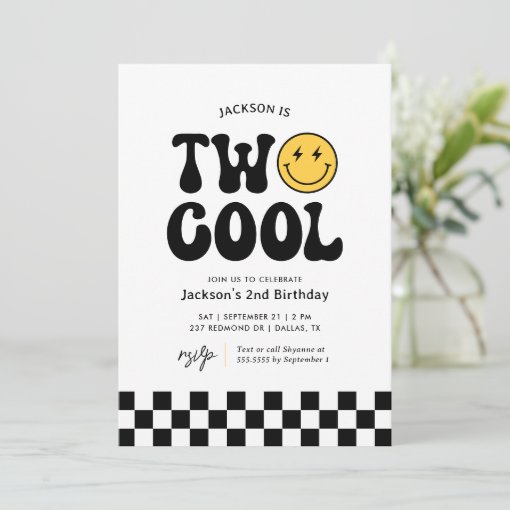 Two Cool Checker Happy Face 2nd Birthday Invitation | Zazzle