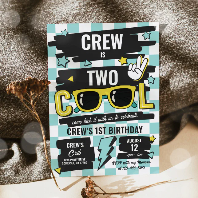 Two Cool Checkered Sunglasses 2nd Birthday Party Invitation | Zazzle