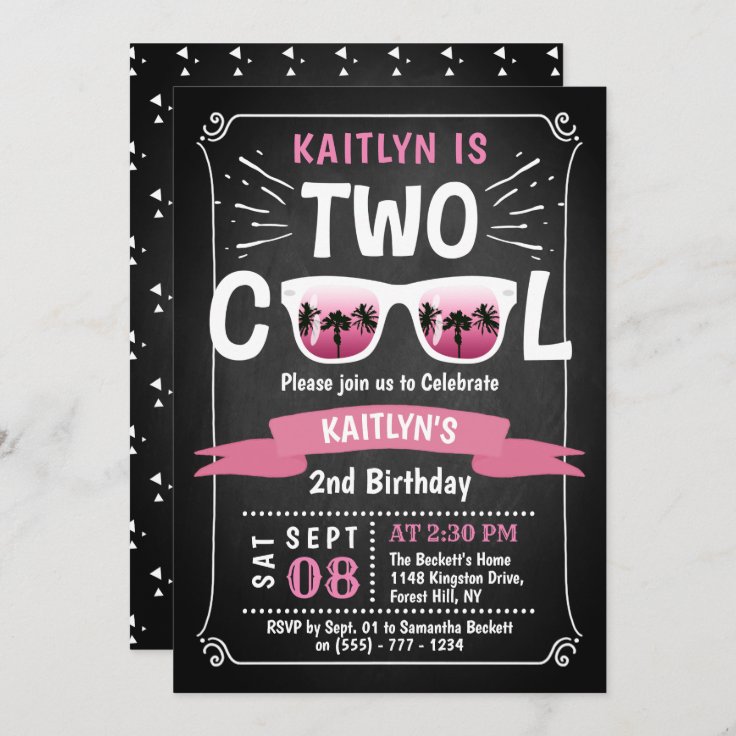 Two Cool Girls Chalkboard 2nd Birthday Invitations | Zazzle