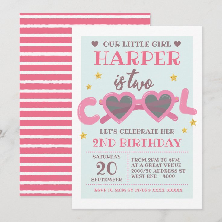 Two Cool Girls Second Birthday Party Invitation | Zazzle